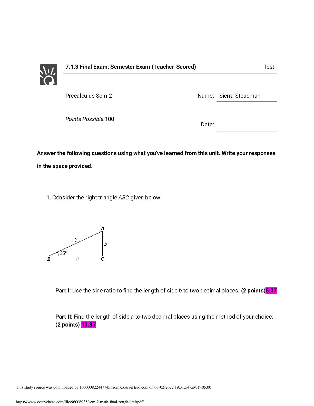 Precalc 101 7 1 3 Final Exam Semester Exam Teacher Scored Test Precalculus Sem 2 Points