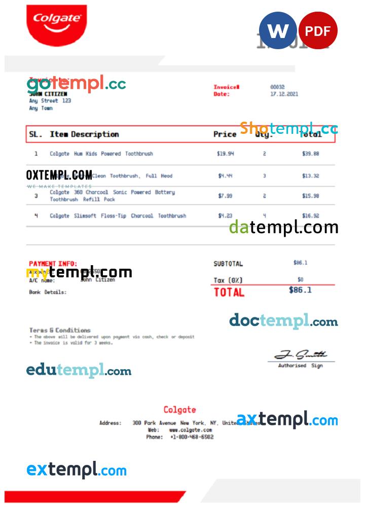USA Colgate invoice template in Word and PDF format, fully editable by ...