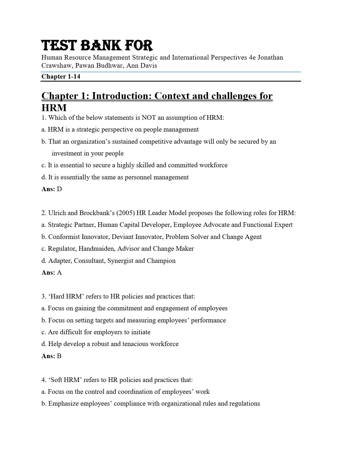 Test Bank For Human Resource Management Strategic and International ...