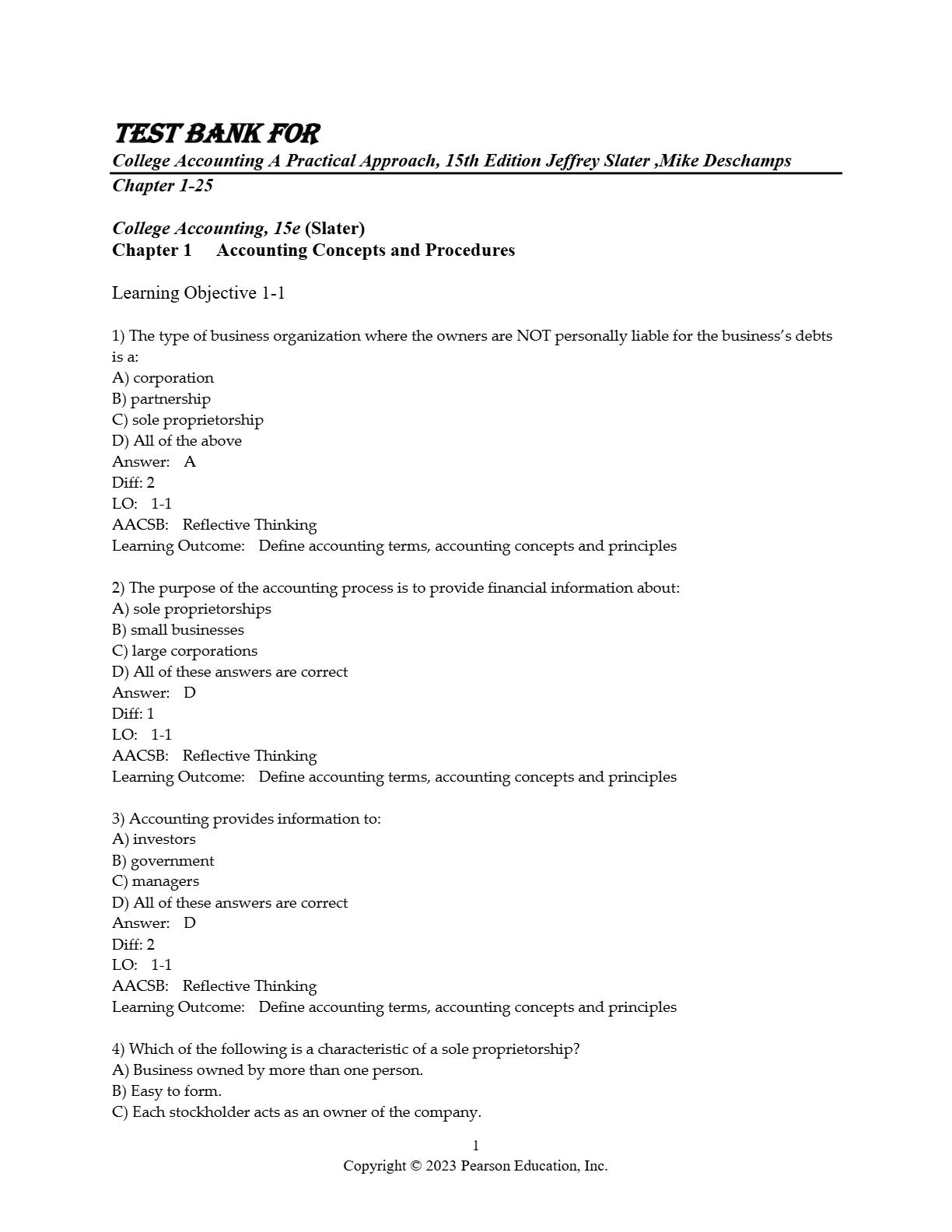 Test Bank for College Accounting-A Practical Approach, 15th Edition by ...