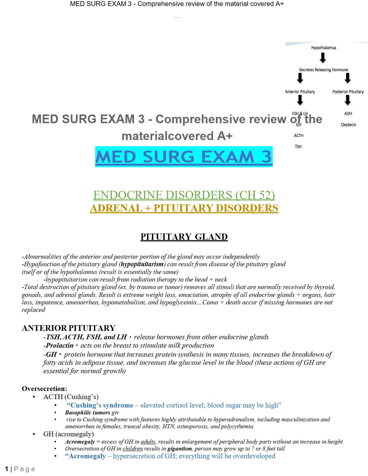 MED SURG EXAM 3 - Comprehensive review of the material covered A+ MED ...