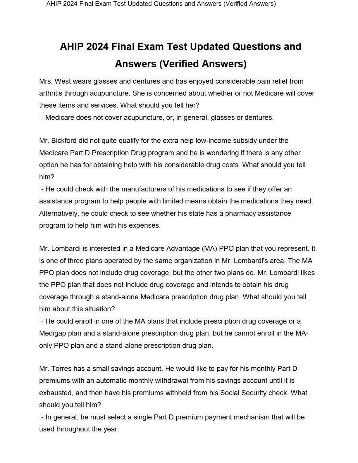 AHIP 2024 Final Exam Test Updated Questions and Answers (Verified ...