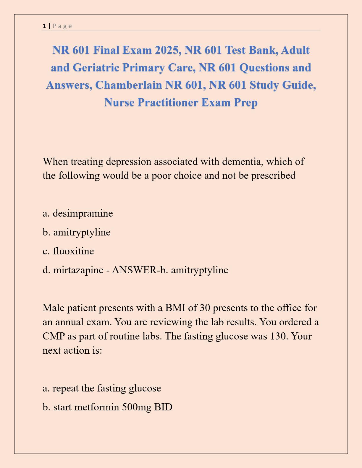 NR 601 Final Exam 2025, NR 601 Test Bank Adult and Geriatric Primary ...