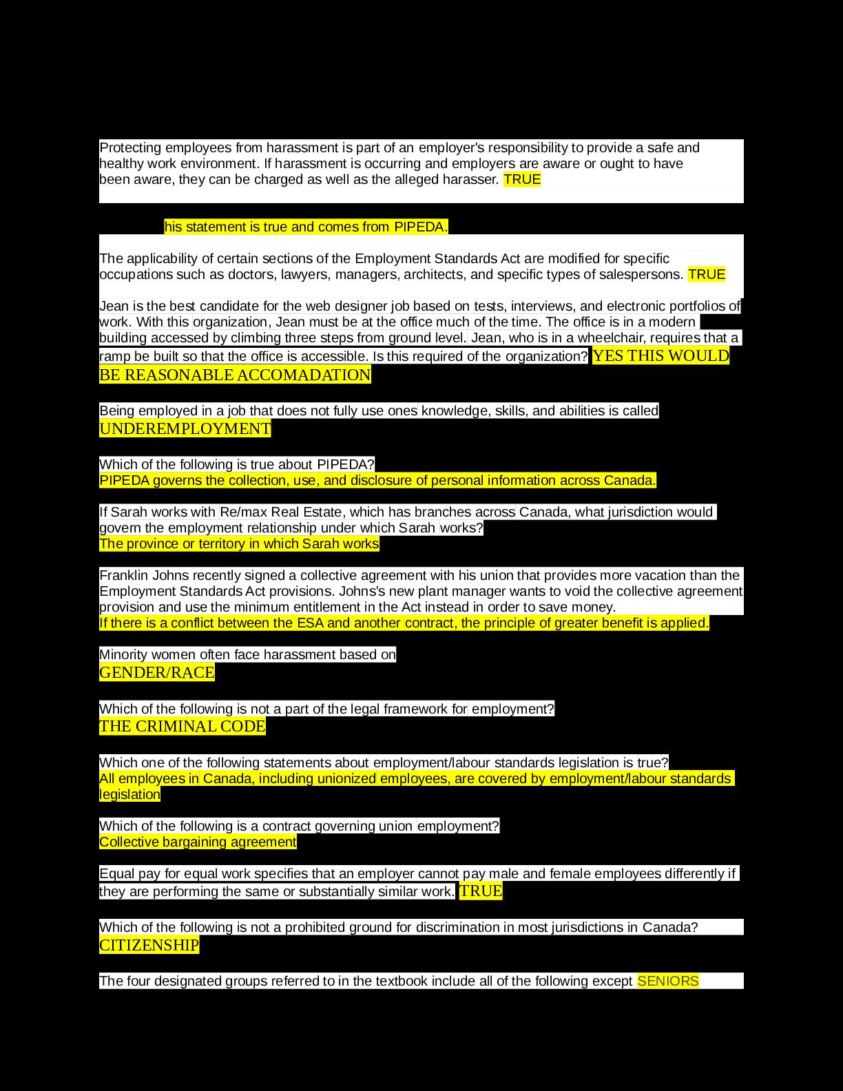 Quiz Q&A – based on Dessler, G., and Cole, N. (2010). Human Resources ...