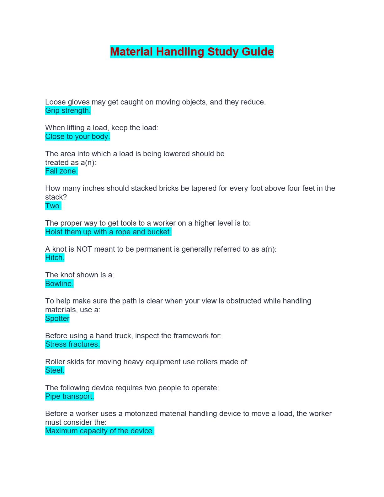 Material Handling Study Guide Questions with 100% Correct Answers by ...