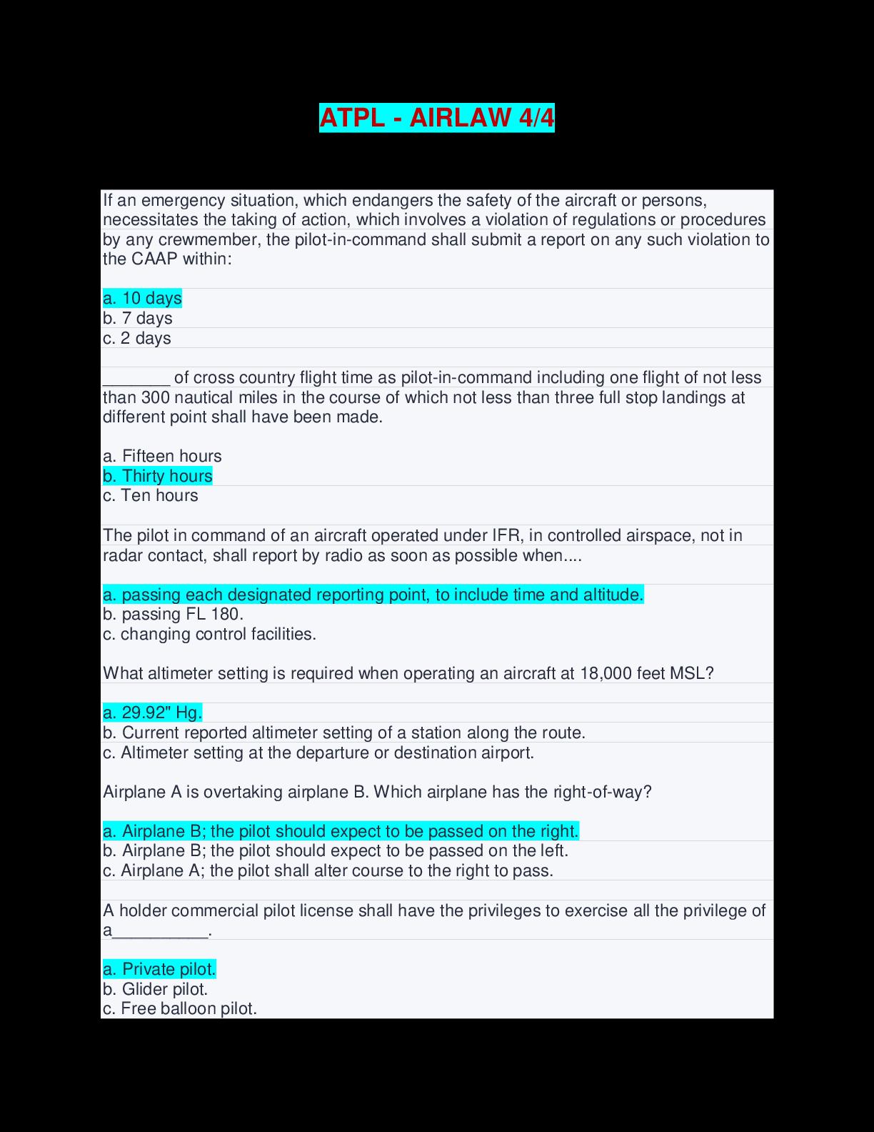 ATPL - AIRLAW 44 (CPL AIRLAW) - Questions and Answers by ...