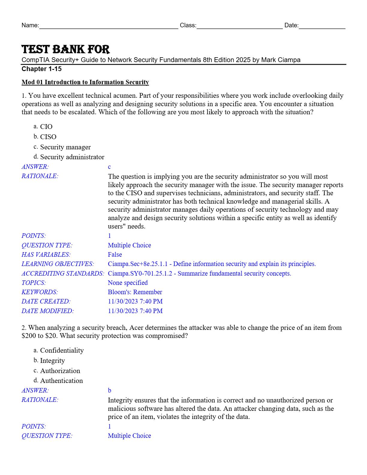 Test Bank For CompTIA Security+ Guide to Network Security Fundamentals ...